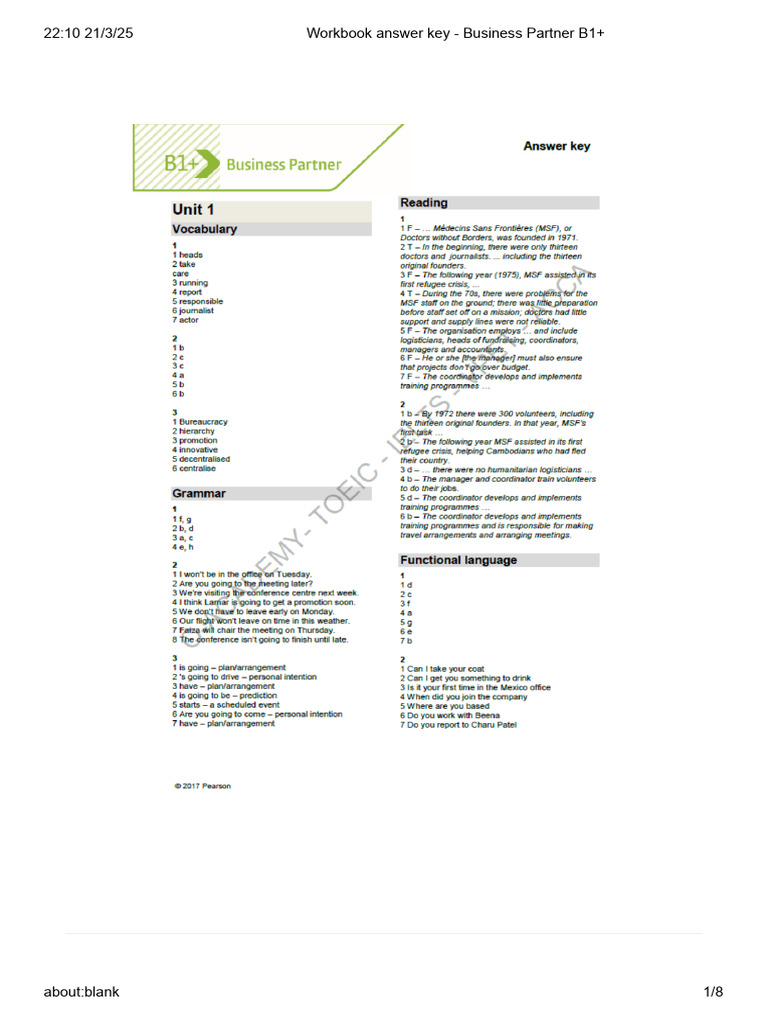 Workbook Answer Key - Business Partner B1+ | PDF