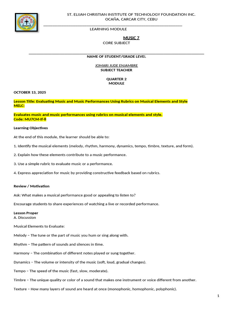 Music Evaluation Module for Grade 7 | PDF | Performing Arts | Elements ...