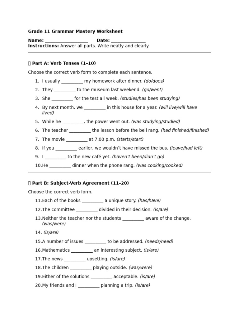Grade 11 Grammar Mastery Worksheet | PDF | Verb | Grammatical Number