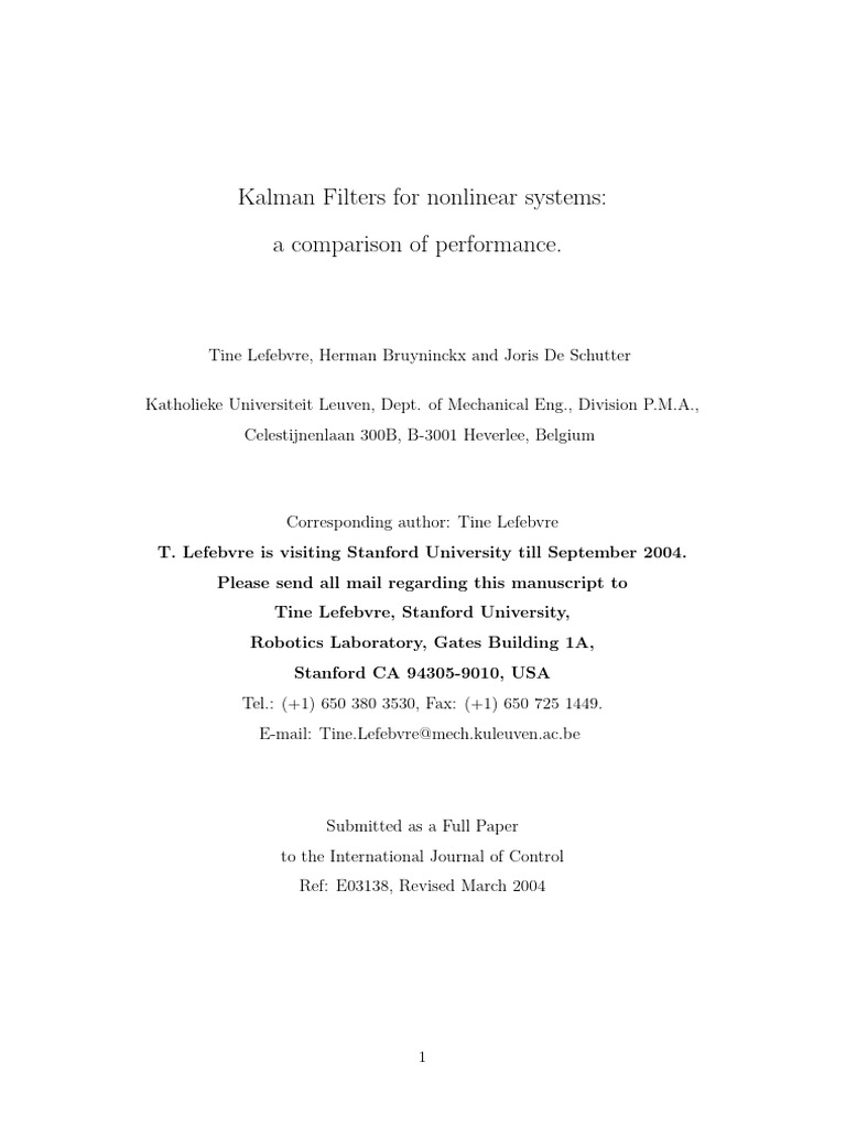 Kalman Filters For Nonlinear Systems: A Comparison of Performance ...