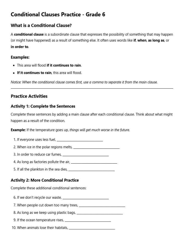 Grade 6 Conditional Clauses Practice | PDF | Air Pollution ...