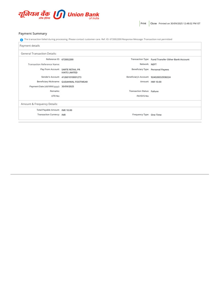 Failed Fund Transfer Summary - INR 10.00 | PDF