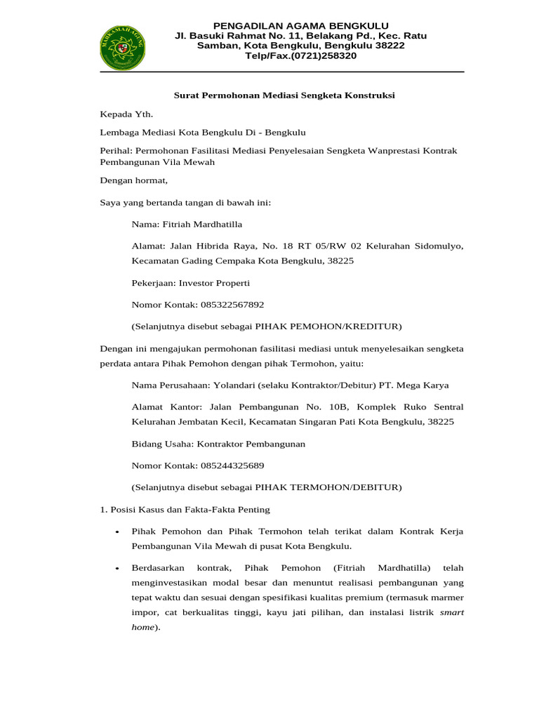 Surat Permohonan Mediasi | PDF
