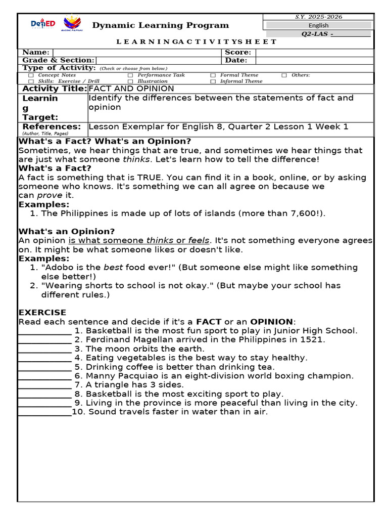 Fact vs Opinion Learning Activity | PDF