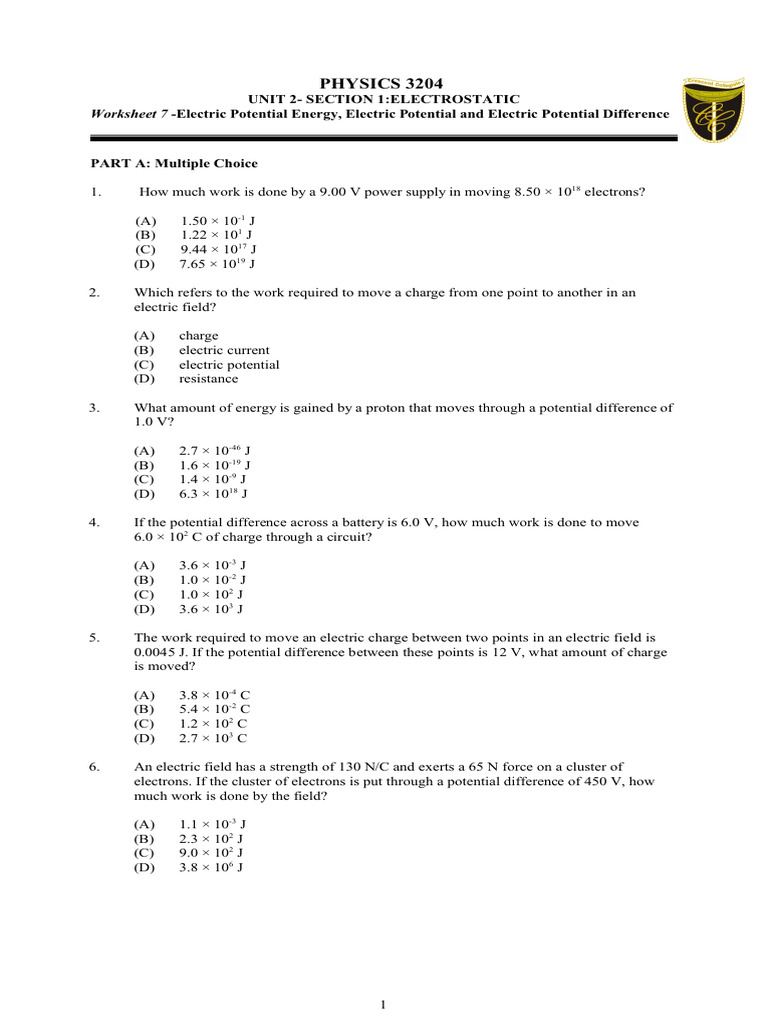 Physcis 3204 Worksheet 7 Electric Potential Energy, Electric Poential ...