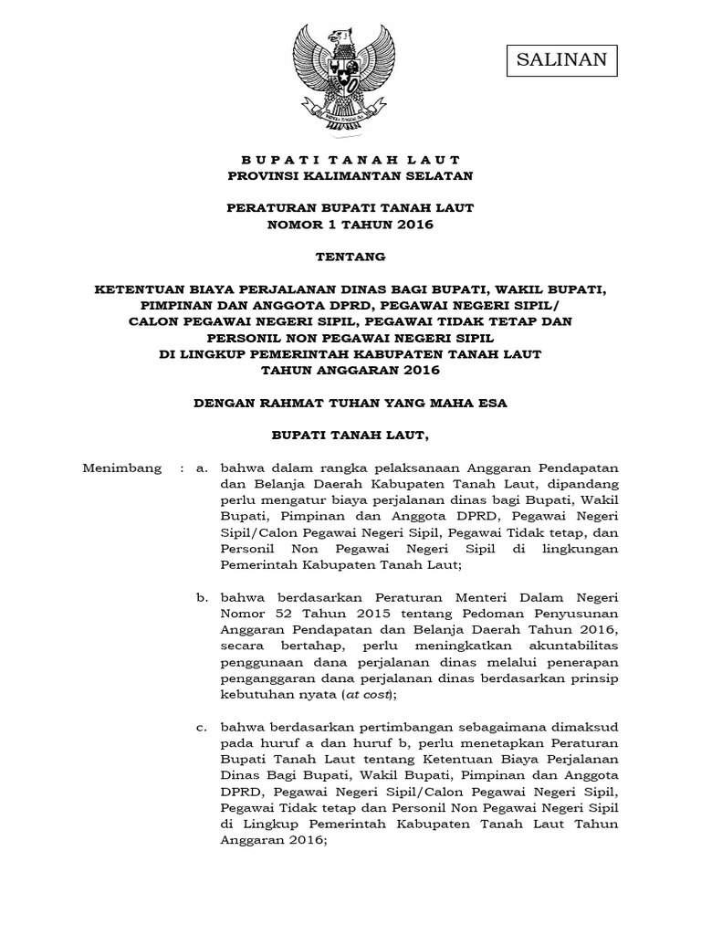 Perbup Tanah Laut Nomor 1 Tahun 2016 | PDF