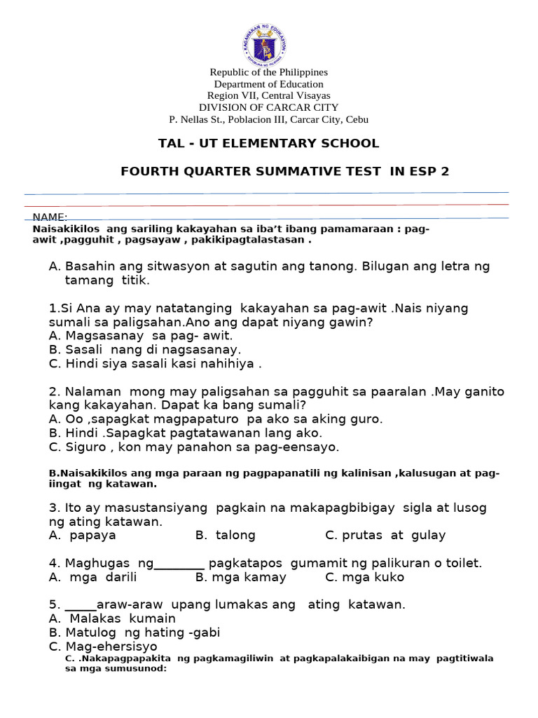 Fourth Quarterly Assessment Test | PDF