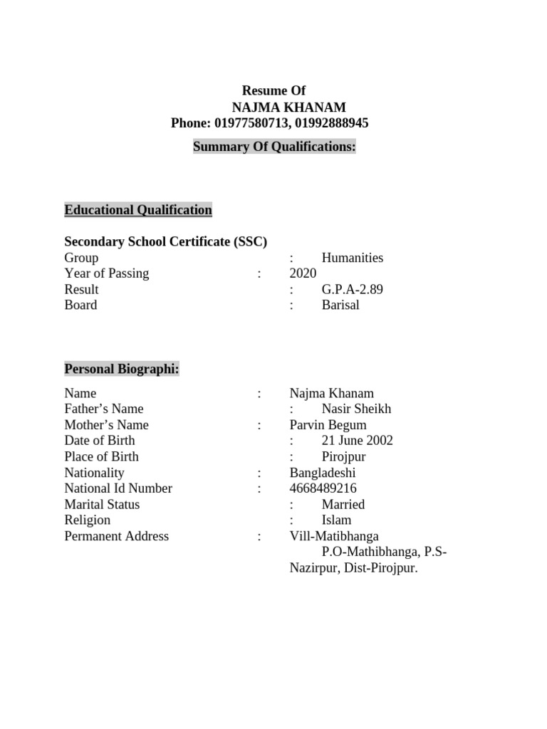 Najma Khanam's Professional Resume | PDF
