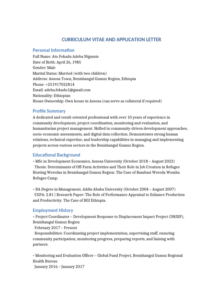 Fekadu Adeba CV and Application Letter | PDF