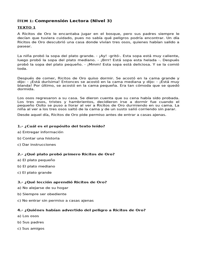 Comprensión Lectora y Escritura para Niños | PDF | Ricitos de oro y los ...