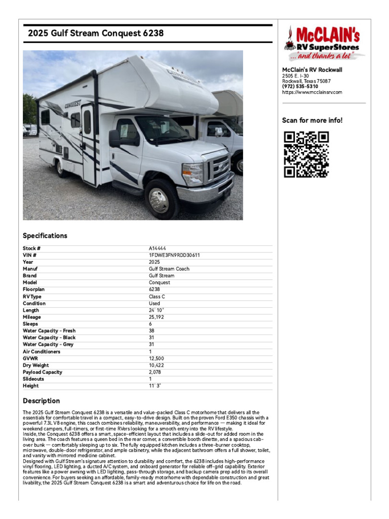 2025 Gulf Stream Conquest 6238 RV Sale | PDF | Recreational Vehicle ...