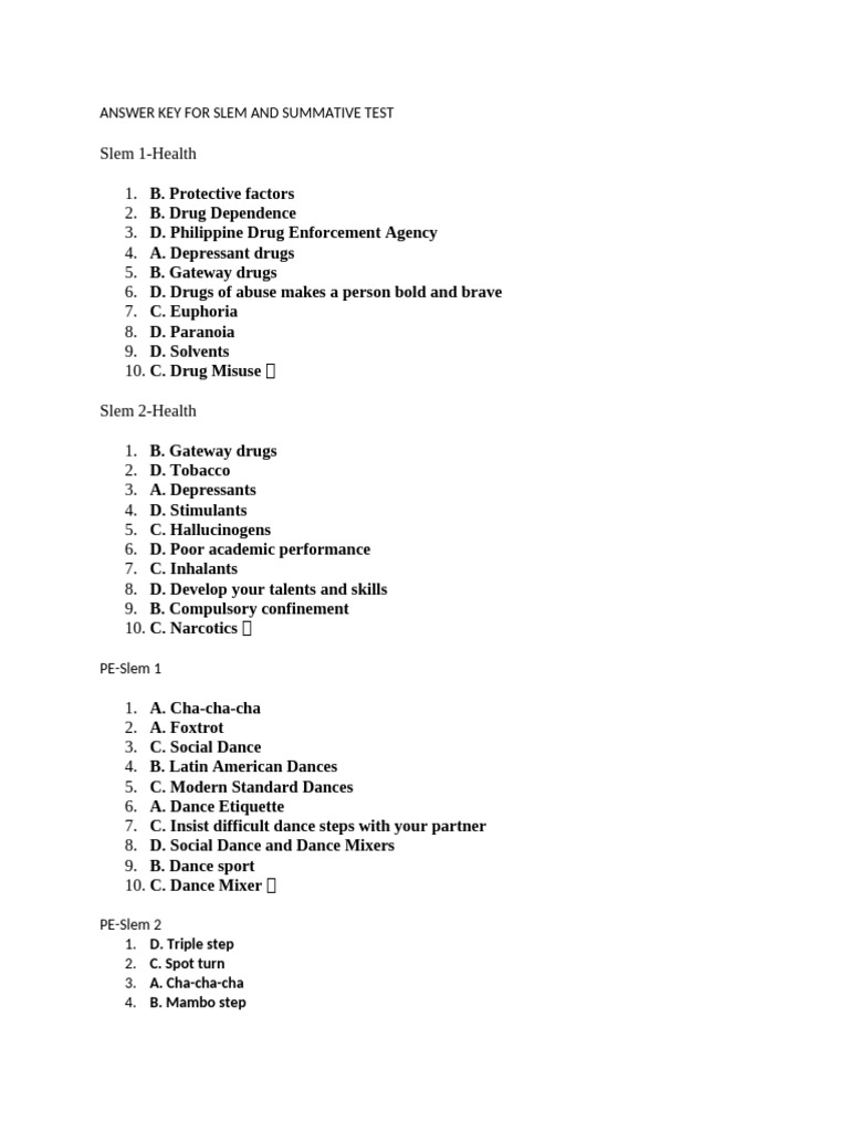 Answer Key for Health and PE Tests | PDF