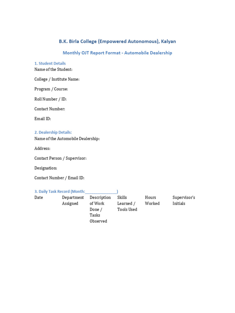 Monthly OJT Report BK Birla College | PDF