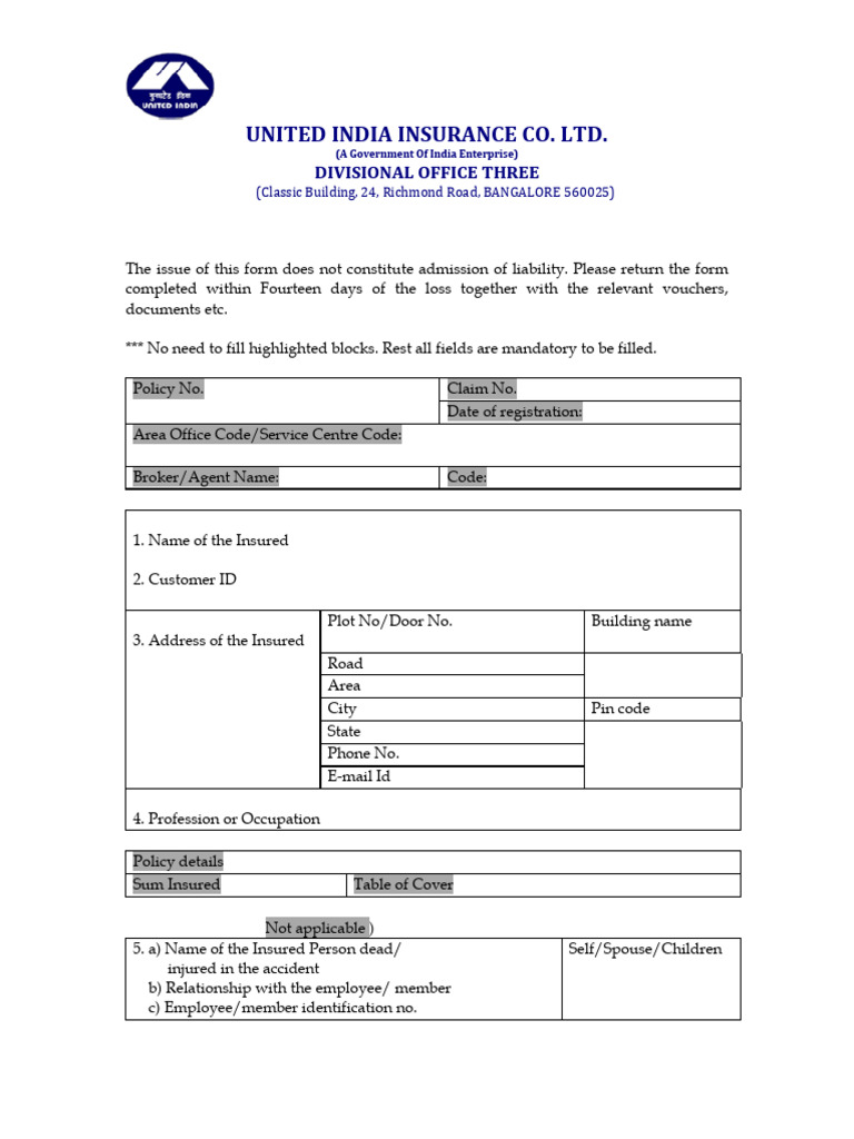 United India Insurance Accidental Injury Claim Form 7 PDF | PDF ...