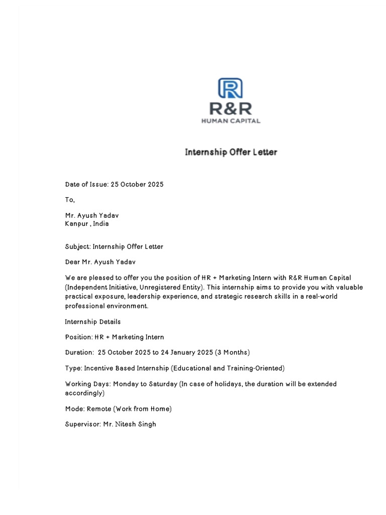 Internship Offer Letter AYUSH YADAV | PDF
