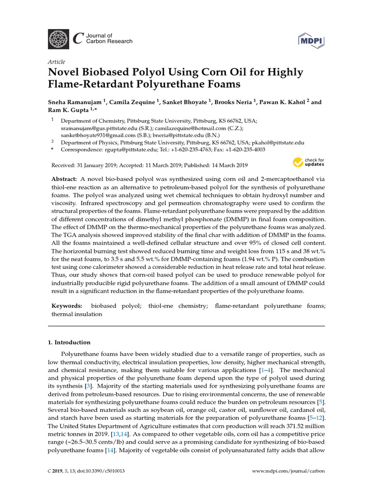 Novel Biobased Polyol Using Corn Oil For Highly FL | PDF | Polyurethane ...