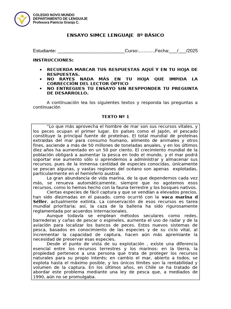 Ensayo IV Simce 8º Básico | PDF | Dolor | Mar