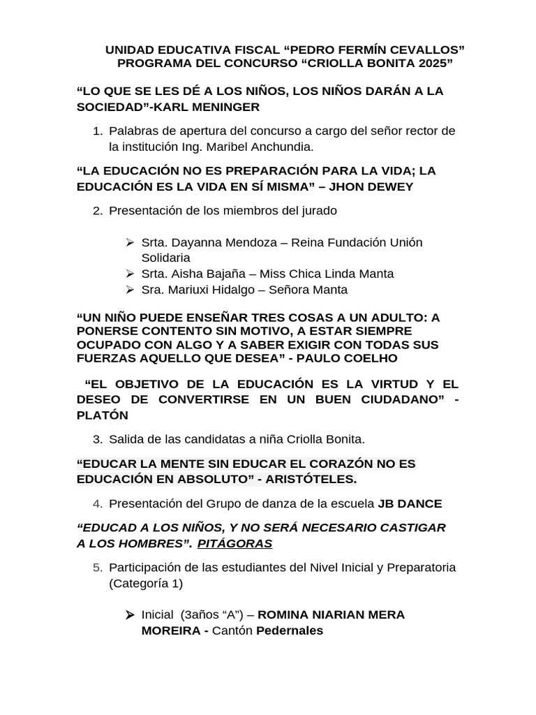 Concurso Criolla Bonita 2025: Programa y Participantes | PDF