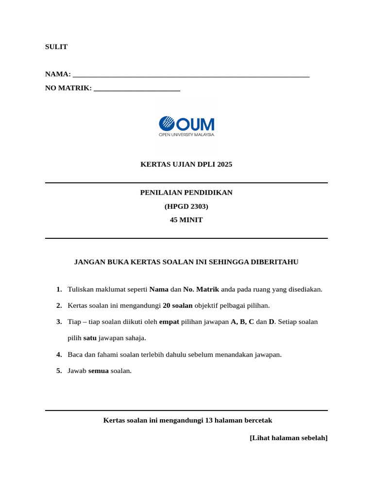 Kertas Soalan Ujian DPLI 2025 | PDF