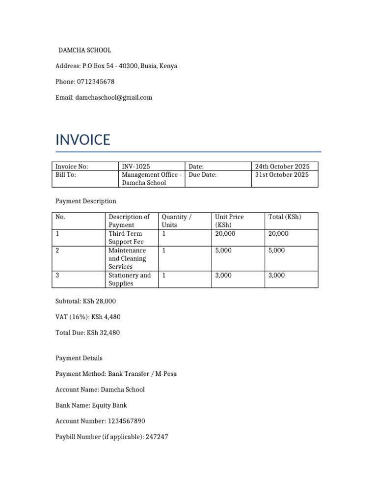 Damcha School Invoice Template | PDF