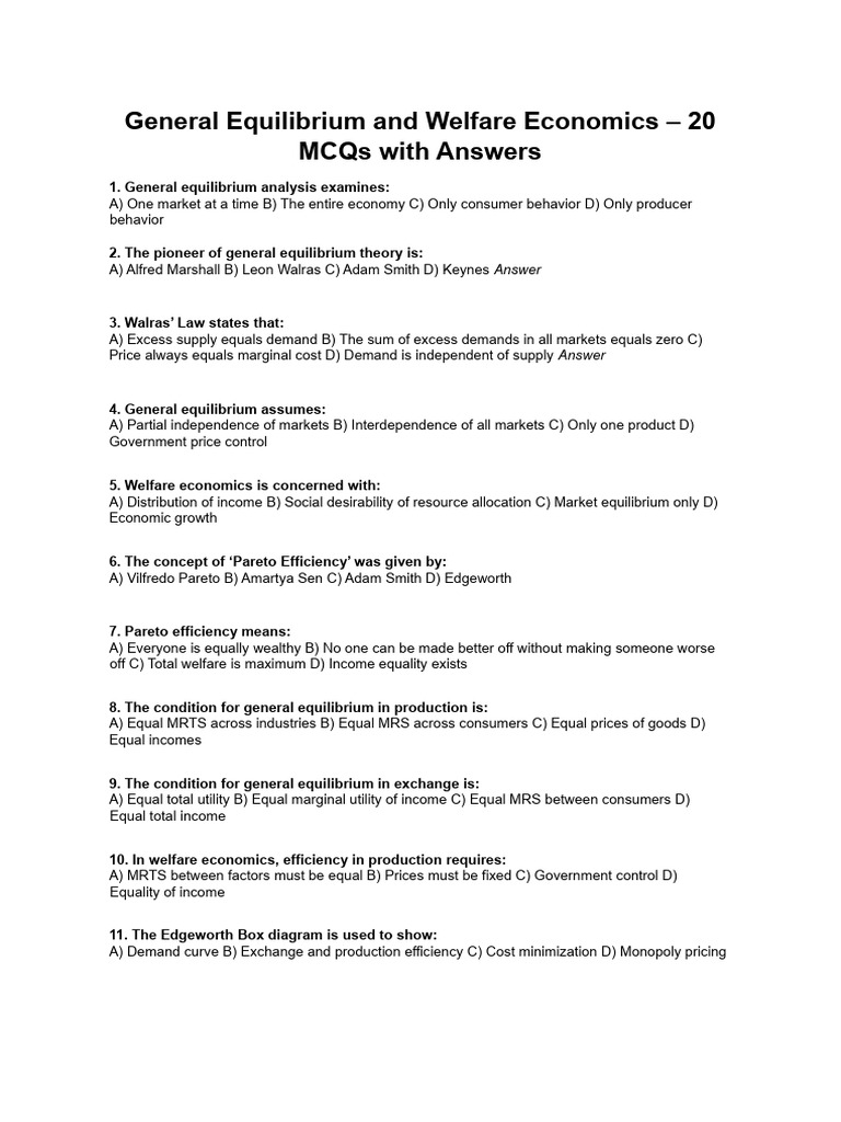 General Equilibrium & Welfare Economics MCQs | PDF | Cost Of Living ...
