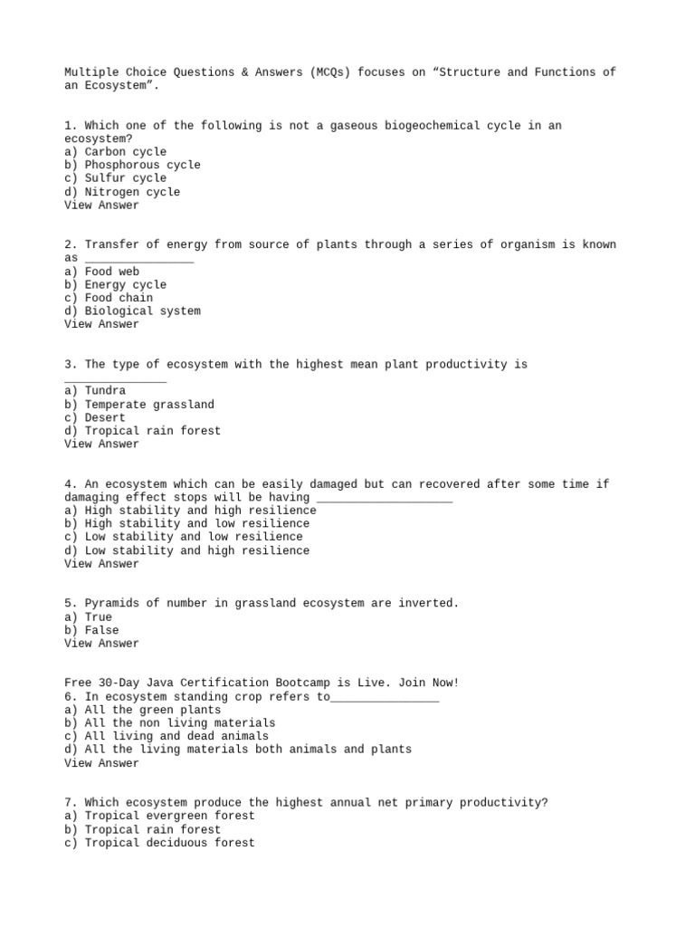 Ecosystem Structure & Functions MCQs | PDF