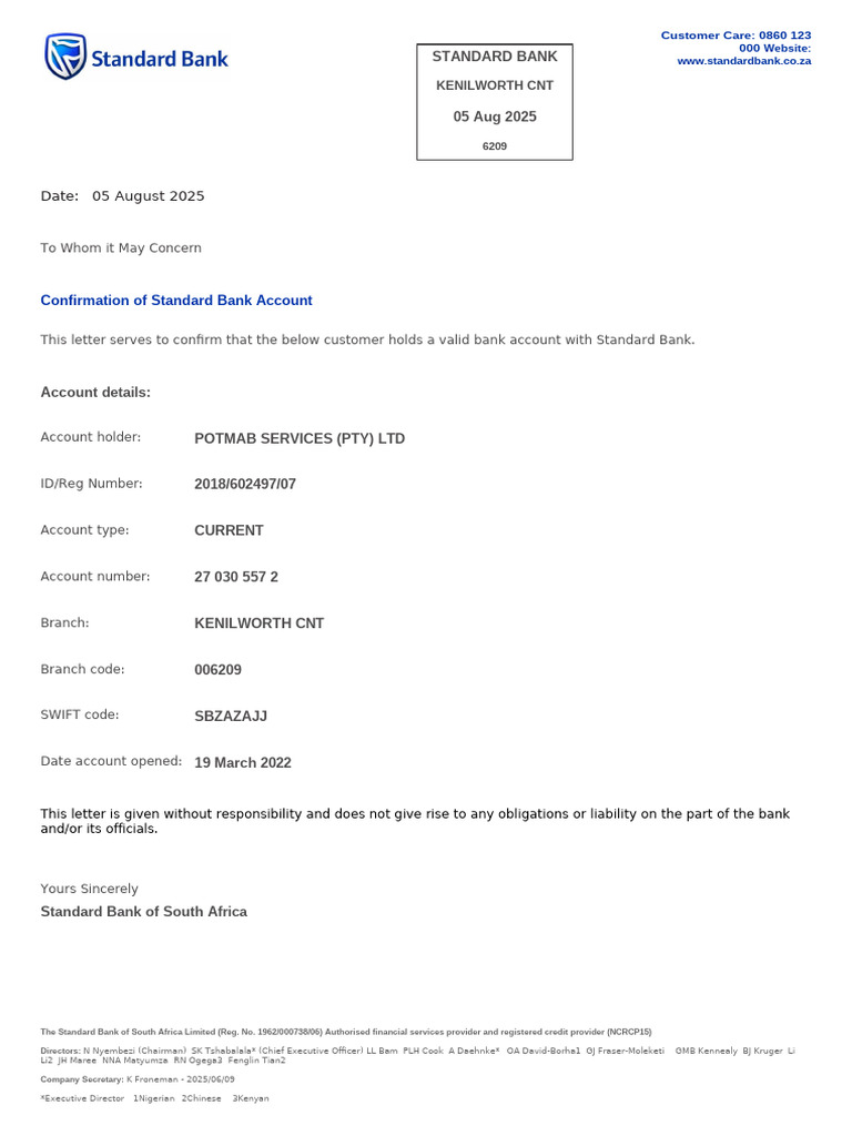 Standard Bank Account Confirmation Letter | PDF