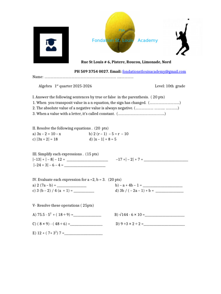 Algebra Practice Worksheet for 10th Grade | PDF