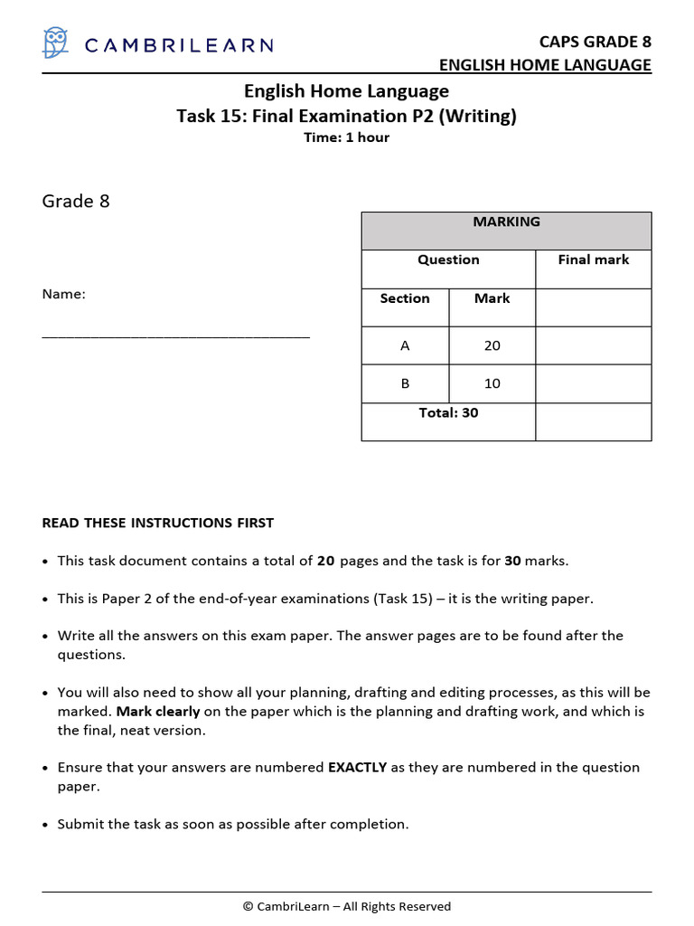 Paper t4 Task 15 Final Examination p2 Writing English HL 2024 Caps Gr8 ...