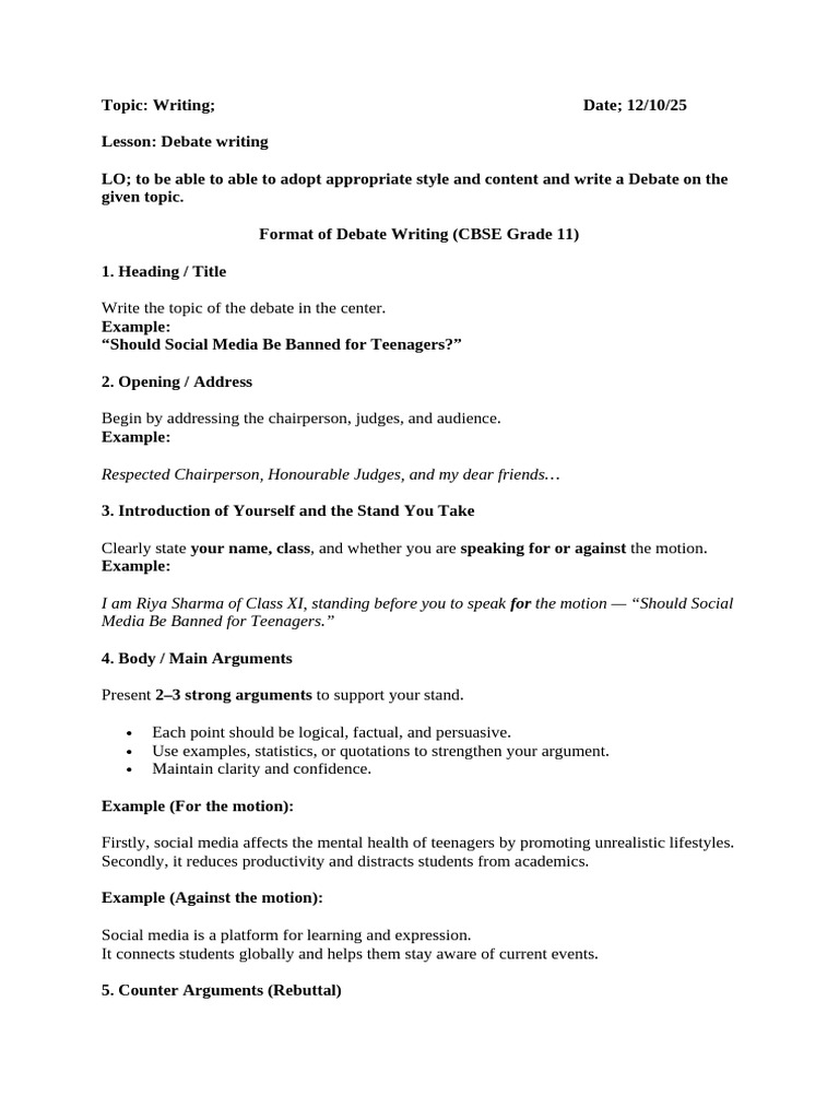 Debate Writing Guide for Class 11 | PDF | Adolescence | Argument