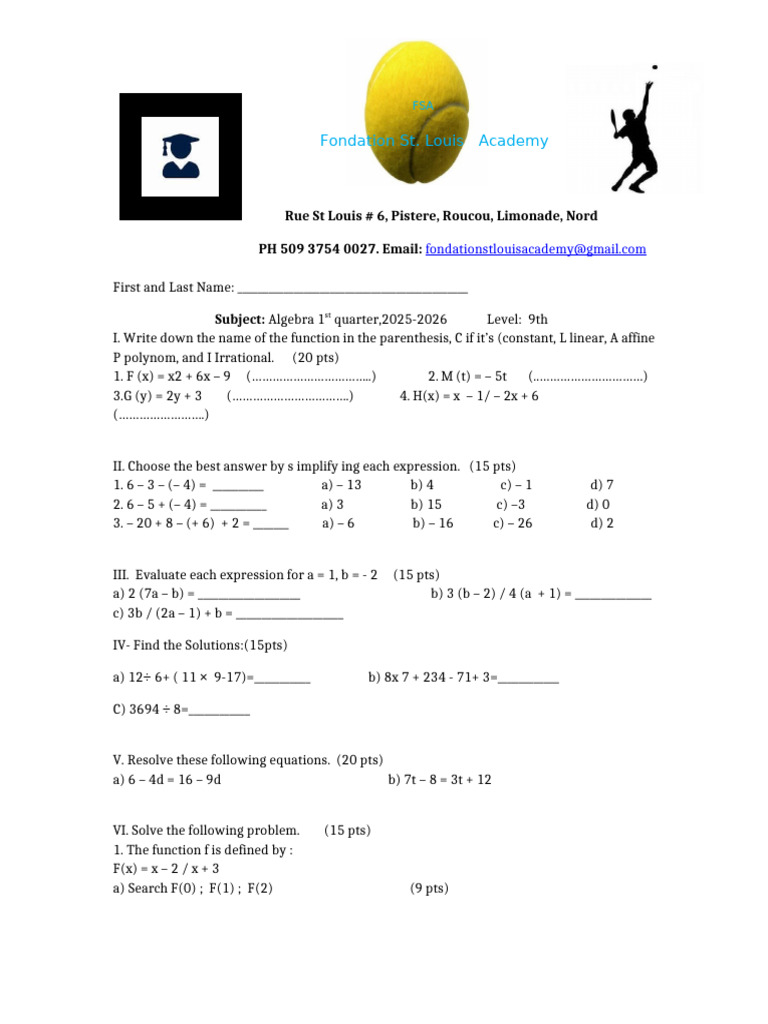 9th Grade Algebra Exam 2025-2026 1st Quarter | PDF