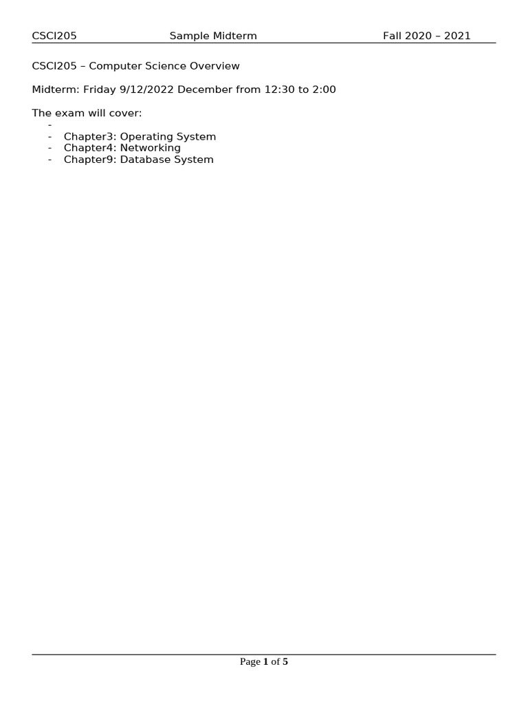 CSCI205 Sample Midterm Exam | PDF | Databases | Operating System