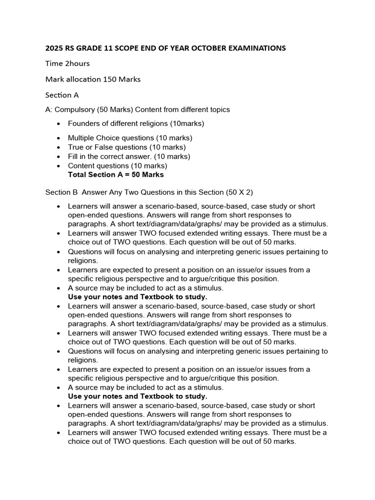 2025 Grade 11 RS Exam Scope Guide | PDF | Rituals | Spirituality