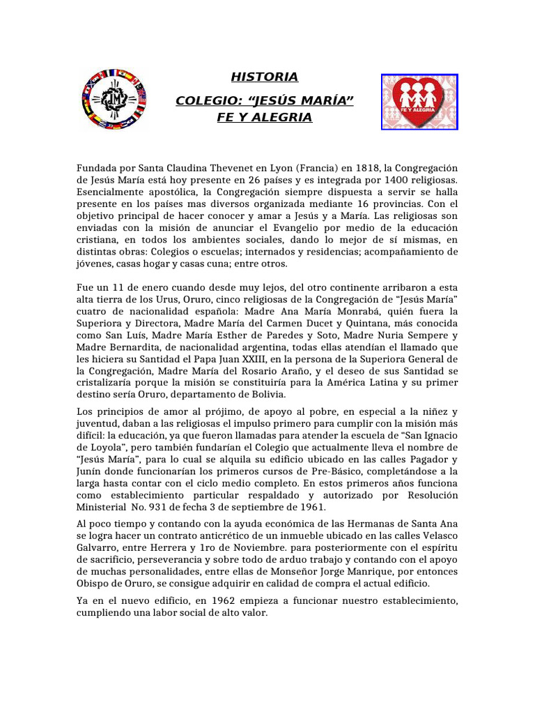 Historia del Colegio Jesús María Fe y Alegría | PDF | María, madre de Jesús