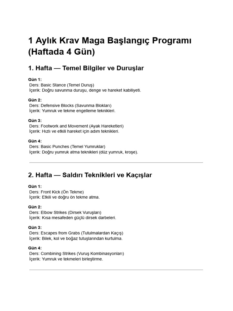 1 Aylık Krav Maga Başlangıç Programı (Haftada 4 Gün) | PDF