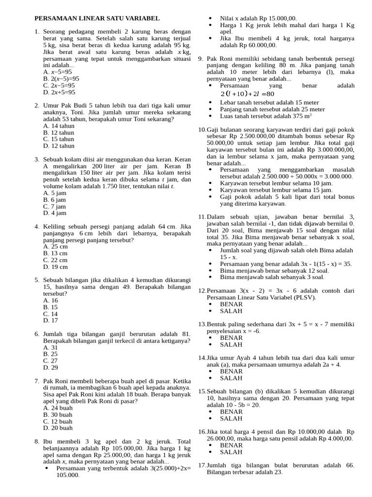 Persamaan Linear Satu Variabel: Contoh dan Soal | PDF