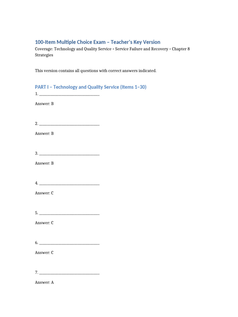 Teacher's Key: 100 MC Exam Answers | PDF | Multiple Choice | Chess Theory