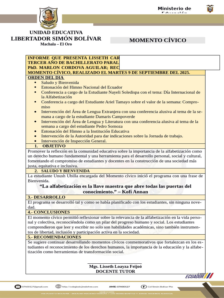 Informe de Momento Cívico - 3ero B Ciencias - Lisseth - Loayza - 2025 ...