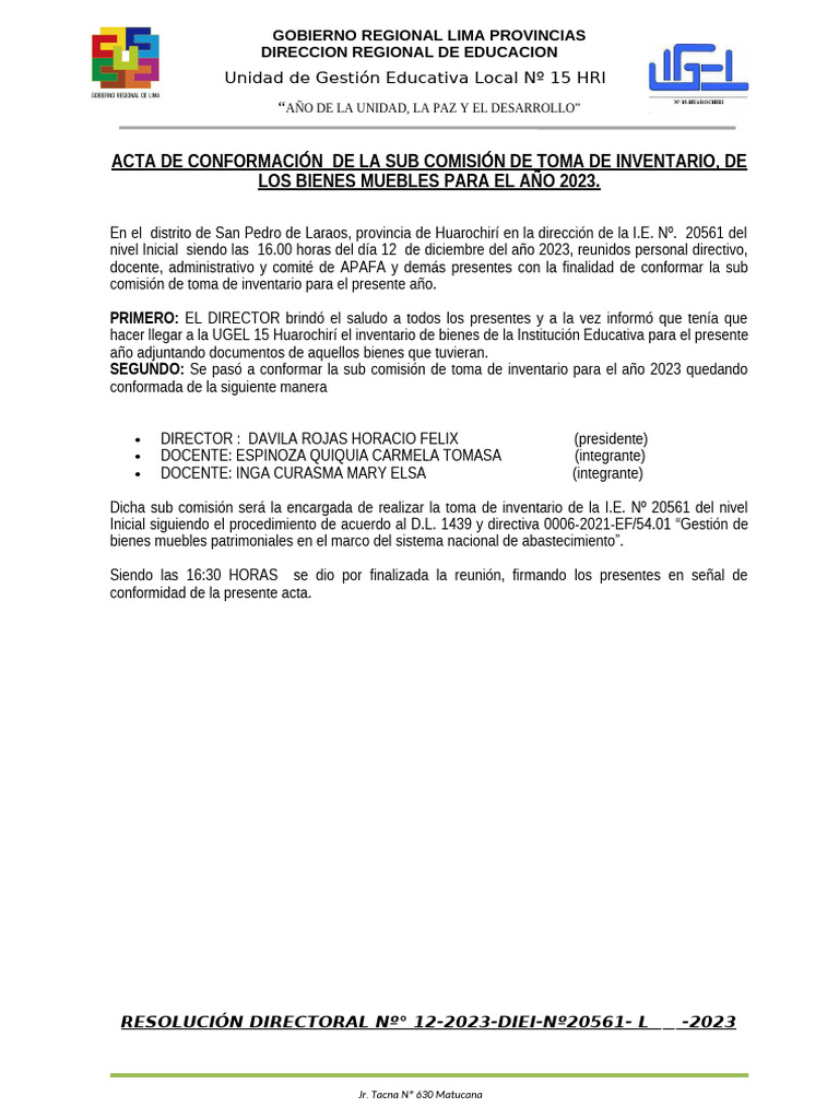 Acta de Inventario I.E. Nº 20561 2023 | PDF | Gobierno