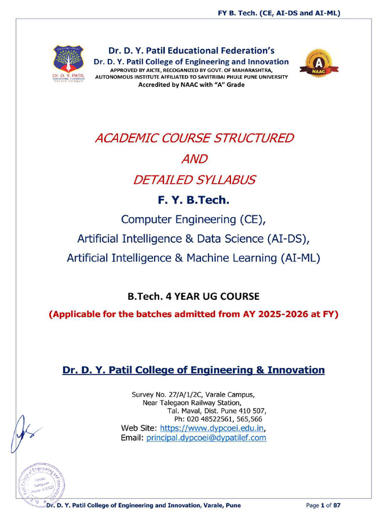 FY BTech Course Structure Curriculum AY 2025 26 | PDF