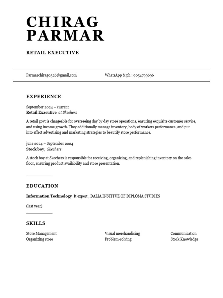 Retail Executive Resume - Chirag Parmar | PDF