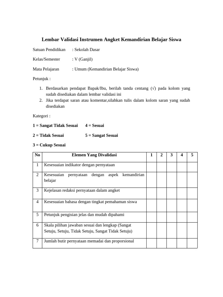Validasi Angket Kemandirian Siswa SD | PDF