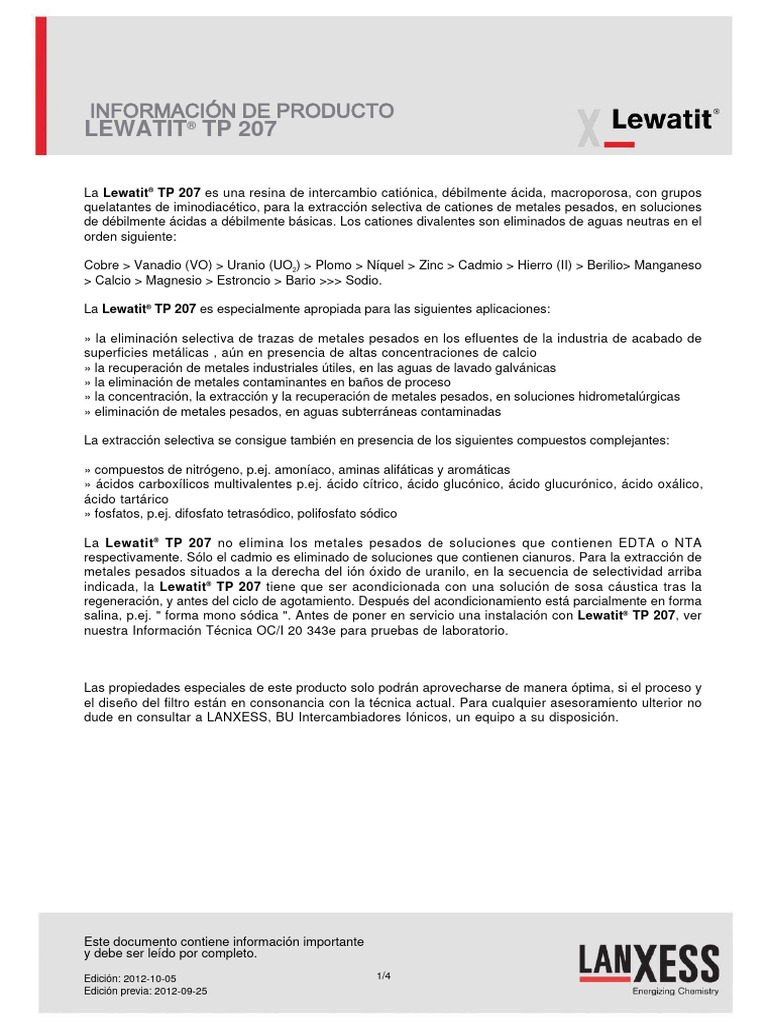 Lewatit TP 207 SP L | PDF | Rieles | Ácido
