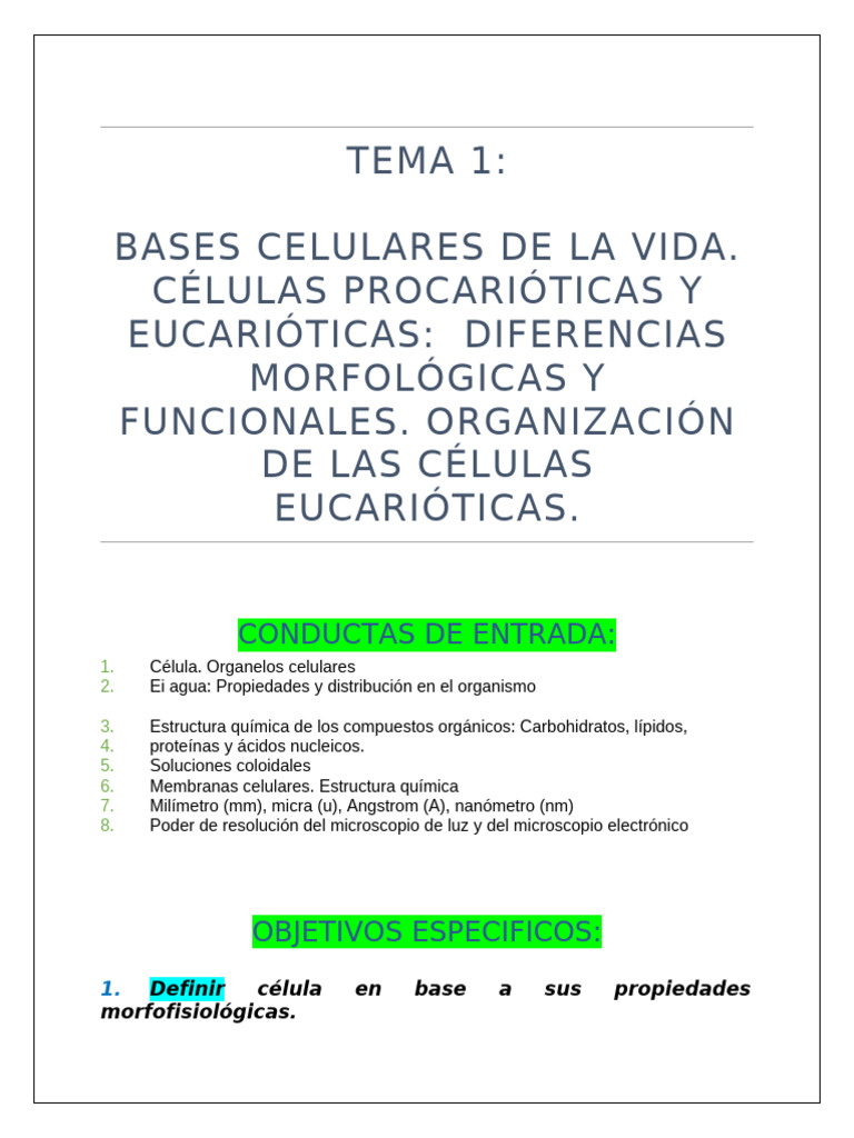 Tema 1 Morfo I Bases Celulares de La Vida. Células Procarióticas y ...