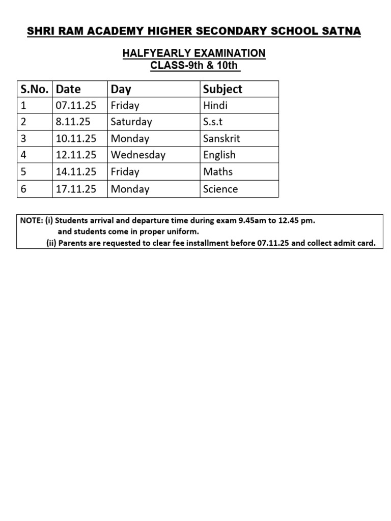 Halfyearly Timetable Class 9&10 | PDF