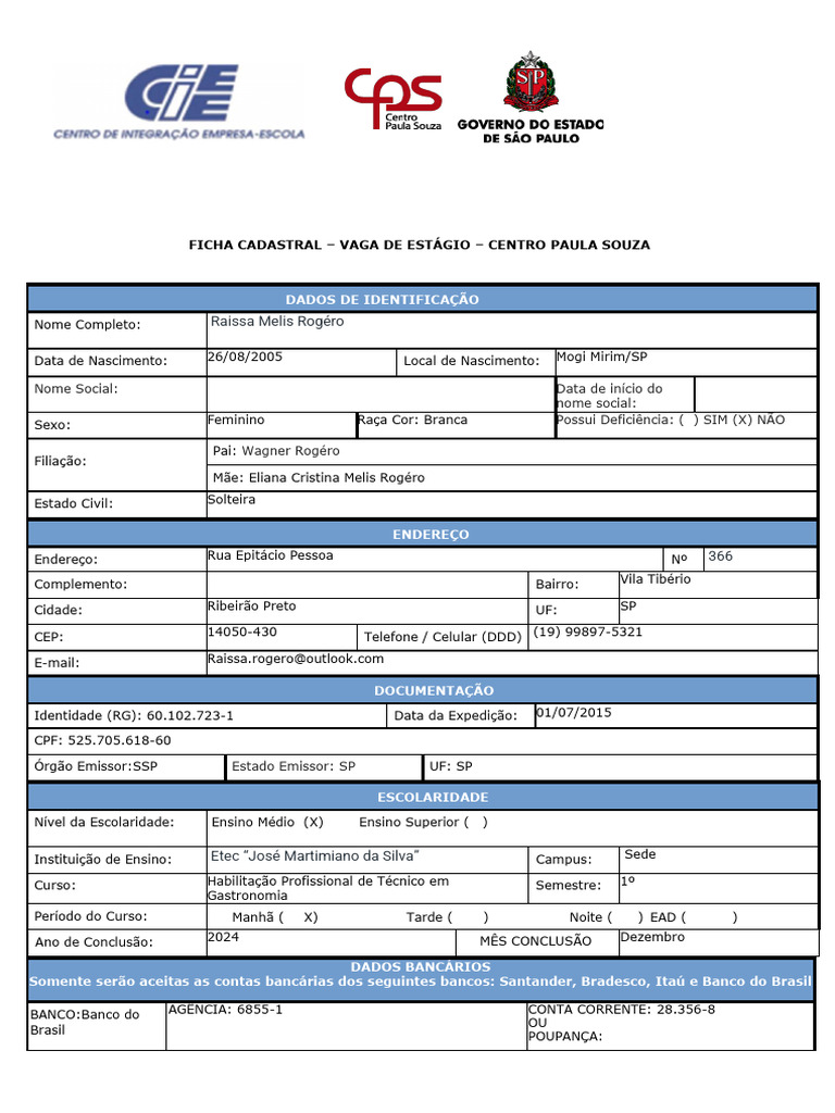 Formulario Estagio - Centro Paula Souza | PDF | Brasil | Bancos