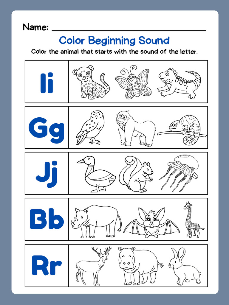 Color Animal Beginning Sound Worksheet in Blue and White Simple Style | PDF
