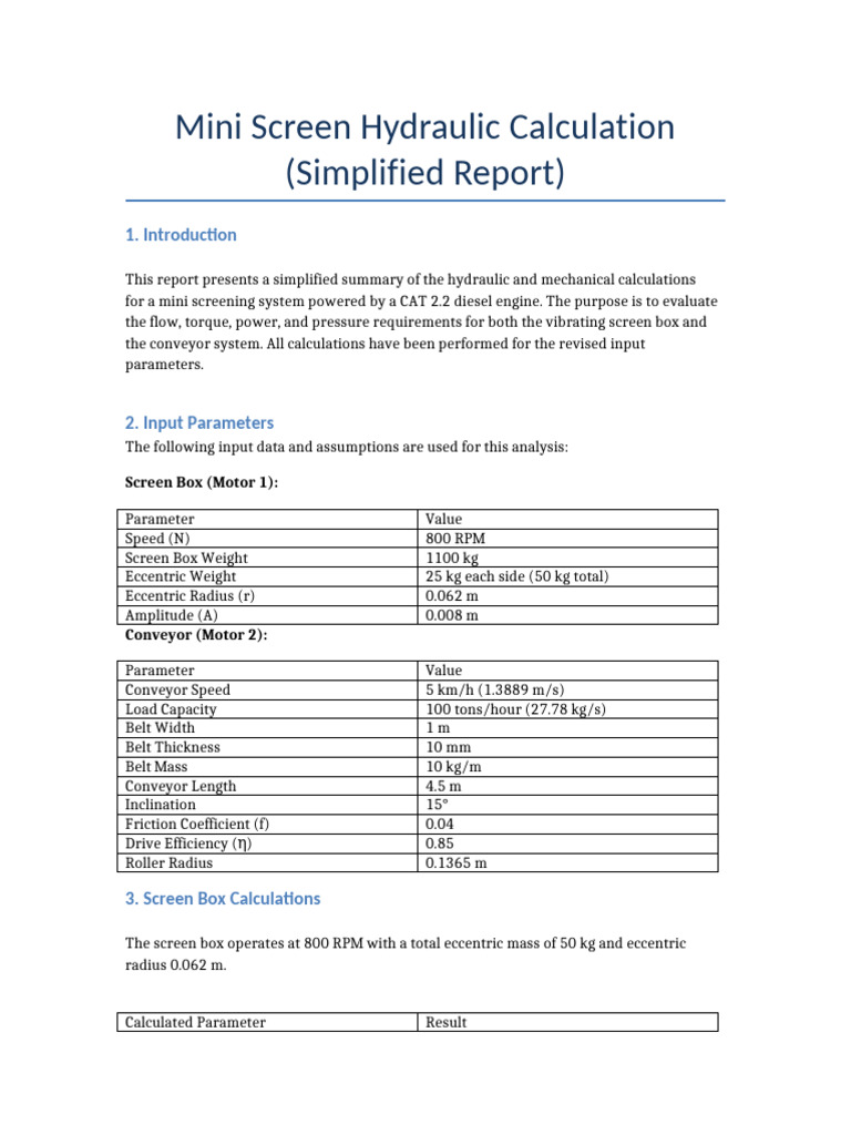 Mini Hydraulic System Calculation Report | PDF | Force | Torque