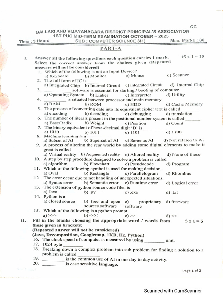 Ballari I Puc Cs Mid Term Exam QP 2025 | PDF