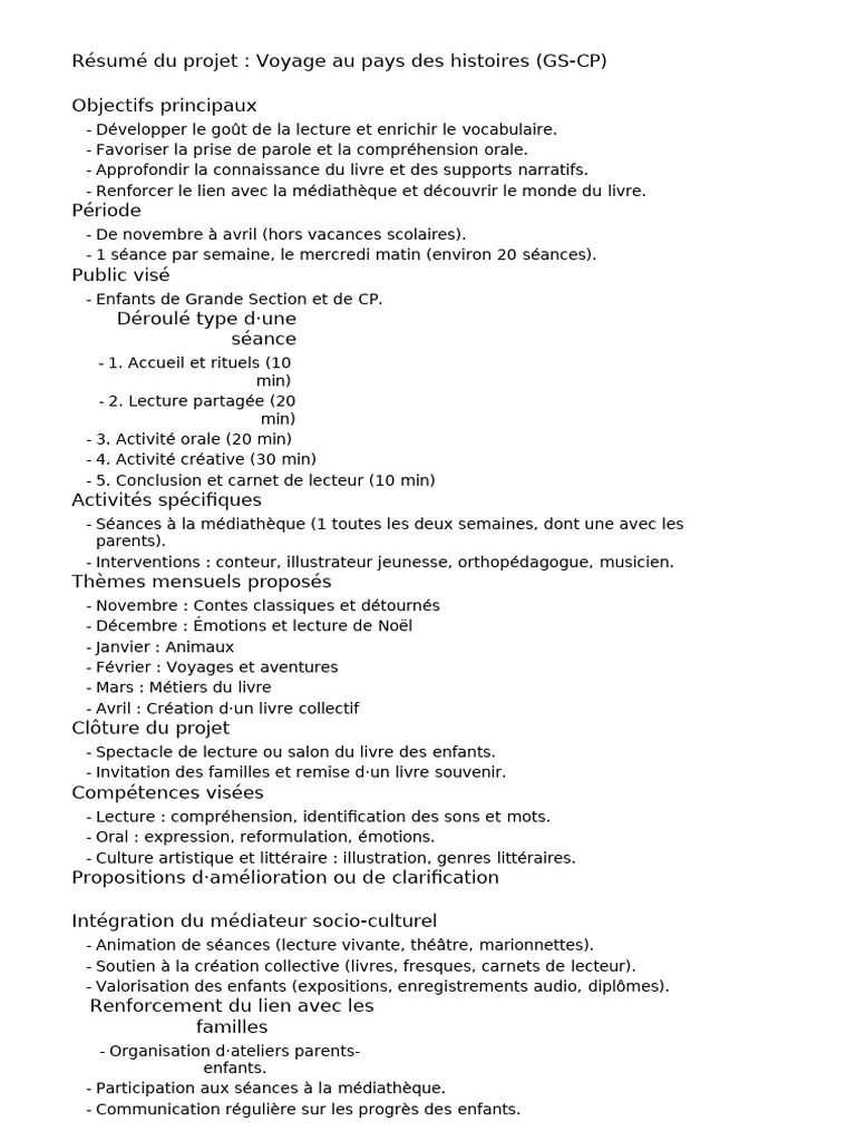 Projet de lecture pour GS-CP : Voyage littéraire | PDF